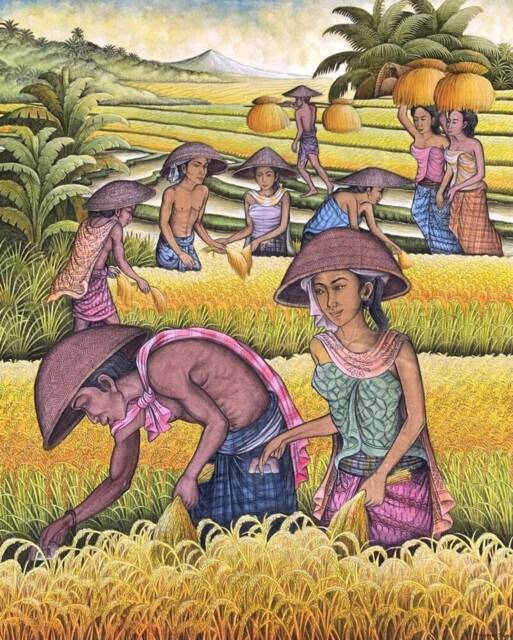 Rice Paddy Field Painting, Farmer Art On Canvas, Harvest Bali Mid 20 Th ...