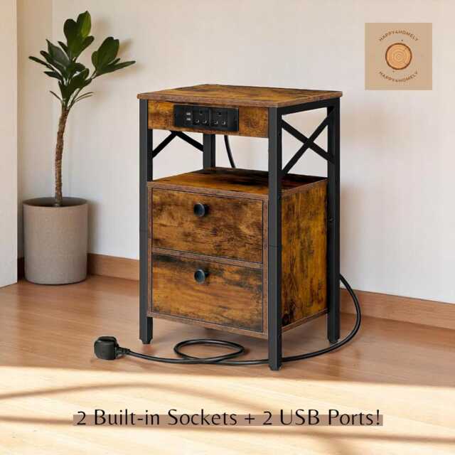 Bedside Table With Charging Station - Nightstand Usb & Ac Ports Small ...