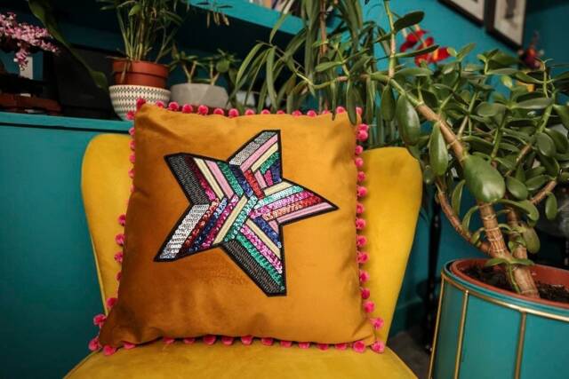 Disco Sequin Star, Glam Rock Embroidered Luxury Velvet Large Cushion ...