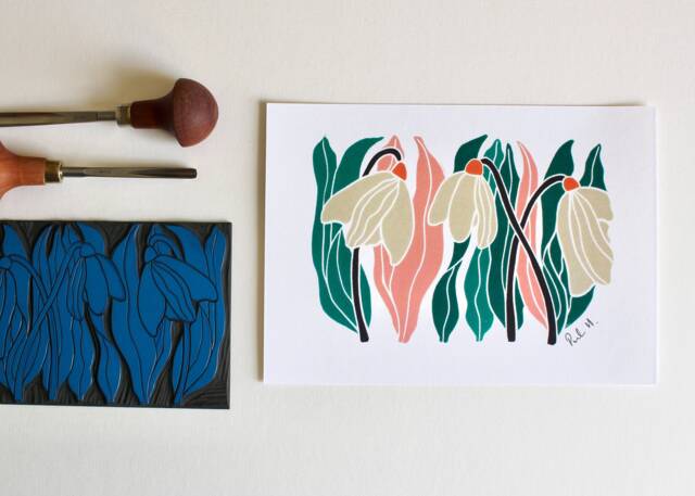 Linocut Snowdrops Flower Art Print - Pink & Green Wall/A5 Or A4 Spring ...