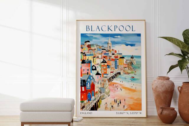 Blackpool Travel Poster, Tower Print, Seaside Wall Art, Pleasure Beach ...