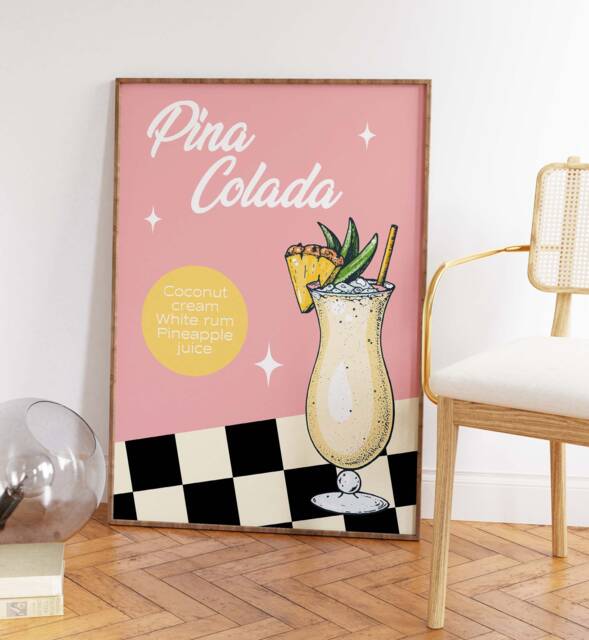 Pina Colada Cocktail Print, Drink Colourful Art, Bar Prints, Wall Decor ...