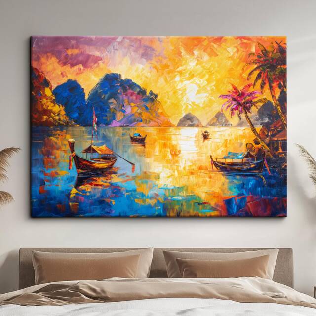 Thailand Ruea Hang Yao Boat River Landmark Oil Painting Watercolor Wall ...