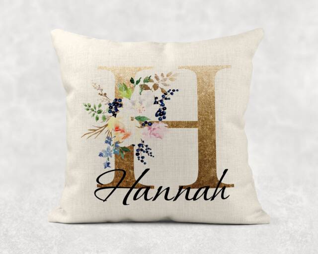 Personalised Initial & Name , Gold Floral Linen Cushion . Girls/Mum/Nan ...