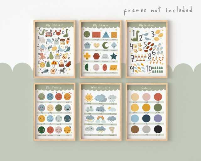 Set Of 6 Educational Prints, Shapes, Colours, Feelings, Alphabet ...