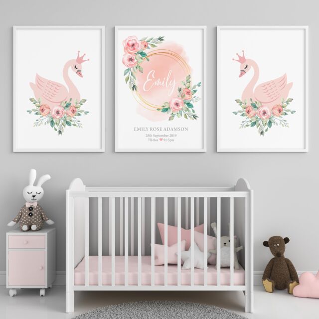 Set Of 3 Swan Prints For Baby Girls Nursery Decor, Flowers Name & Birth ...