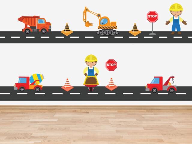 Set Of Construction Wall Decal Full Colour Vehicle Road Crane Truck ...