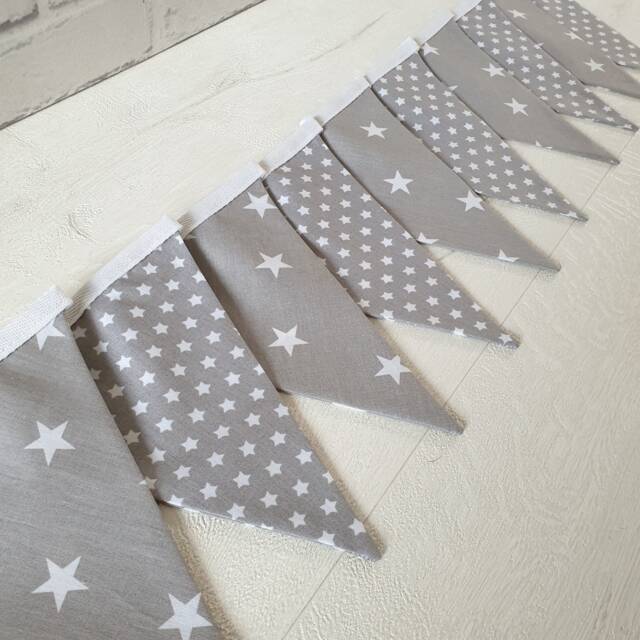 Grey & White Star Mixed Bunting, 100% Cotton, Large & Small Garland ...