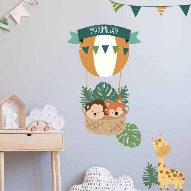 Hot Air Balloon With Animals Desired Name Wall Sticker Personalizable ...