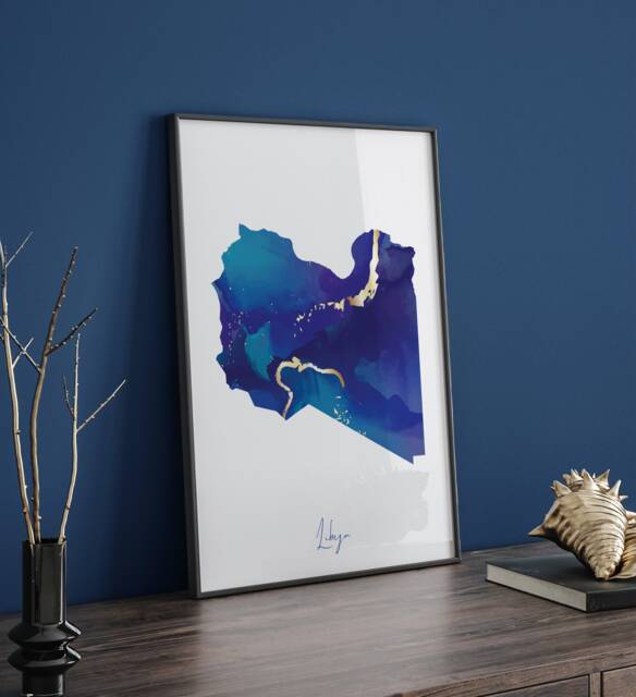 Libya Map Blue & Gold Wall Art Print by Etsy | ufurnish.com