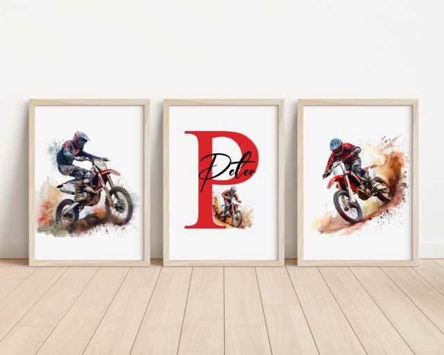 Set Of 3 Personalised Motocross Prints, Kids Bedroom Decor, Dirt Bike ...