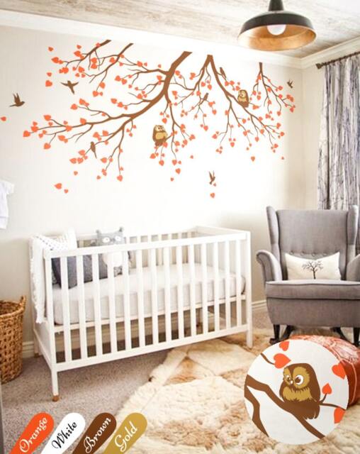 Nursery Tree Branches Wall Decals With Dreamy Owls & Flying Birds White ...