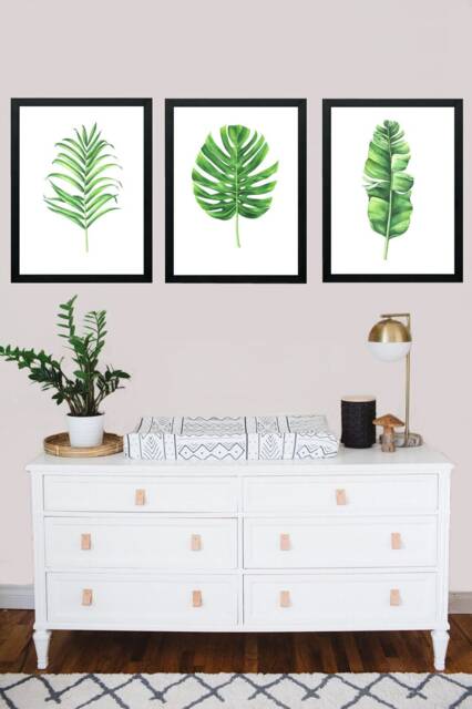 Botanical Print Set Of 3 - Green Leaf Wall Art & Posters Living Home D??cor Bathroom L Decor ...