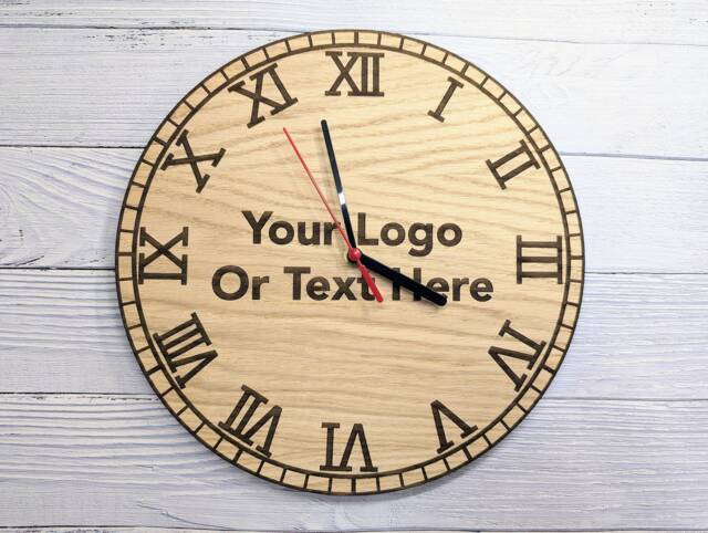 Custom Engraved Oak Veneer Clock Personalised Text & Logo - 30cm by ...