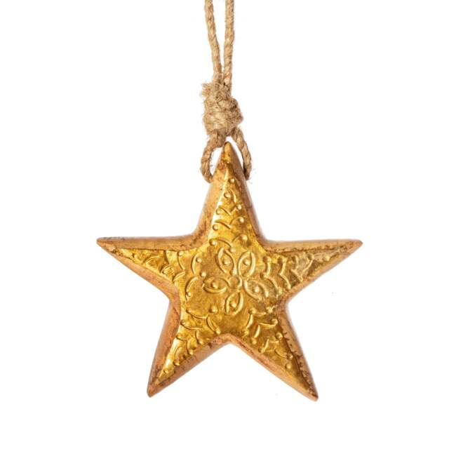 Engraved Wooden Golden Star Christmas Tree Decoration - Winter Festive ...