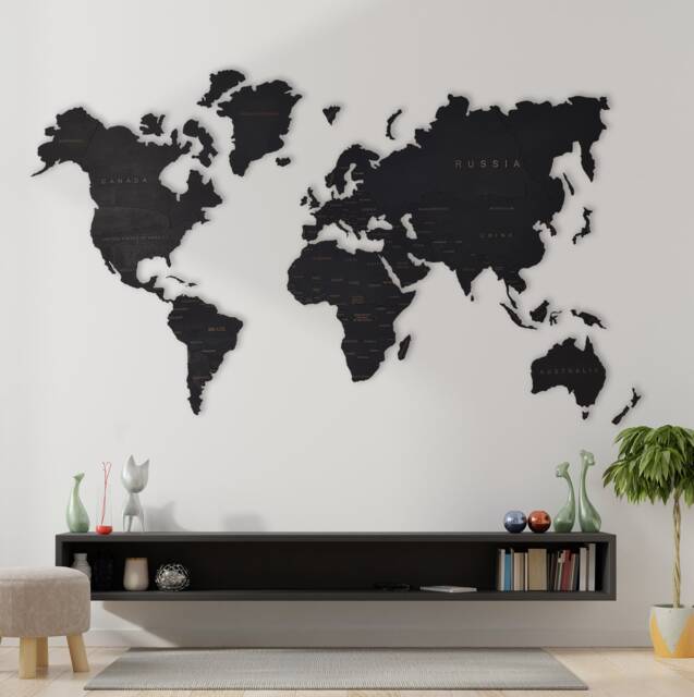 Dark Wall World Map, Plywood Black Colored Art Home Decor Room ...
