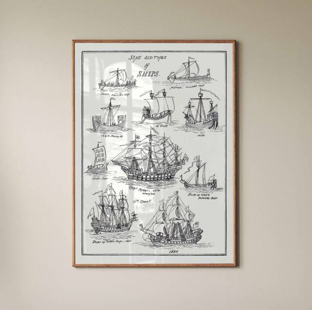 Vintage Print Old Ship Types Poster Picture Ships Maritime Wall ...