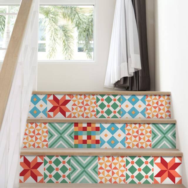 Colourful Geometric Stair Riser Stickers - Pack Of 6 Removable Tile ...