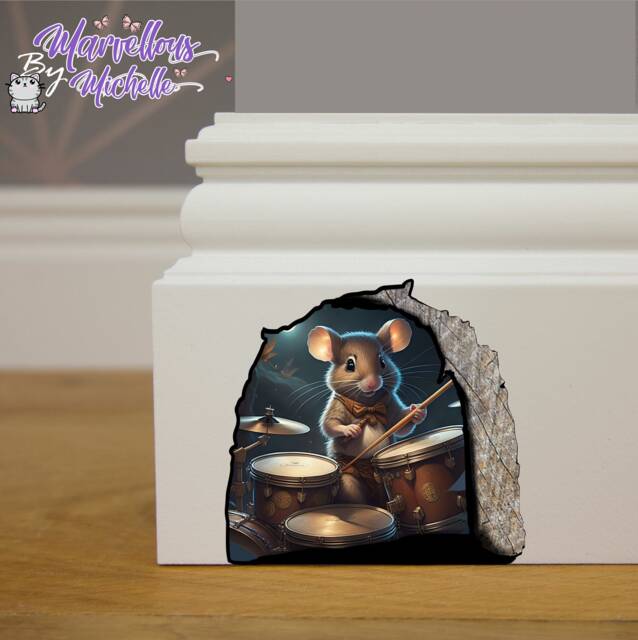 Cute Fairytale Mouse Playing Drums Drumming in Hole Wall, Skirting ...