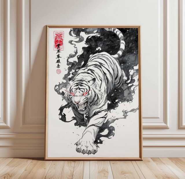 White Tiger Japanese Ink Art Print, Fierce Animal Wall Decor, Asian ...