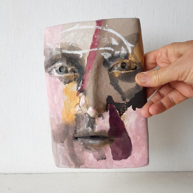 Pink & Beige Gray Abstract Tile Face Sculpture, Colorful Pottery Wall ...