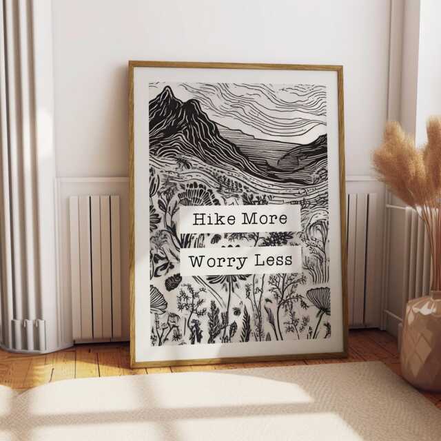 Hike More Worry Less Print/Hiking Poster Lino Typography Adventure ...