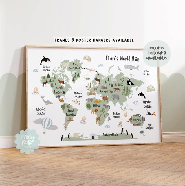 World Map Prints, A4 - A1, Various Colours, Nursery Print, Kids Bedroom ...