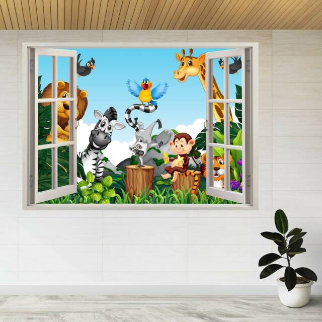 Wild Animals Jungle Nursery Zoo 3D Window View Wall Sticker Poster ...
