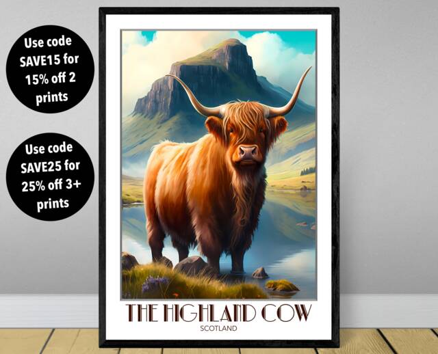 The Highland Cow Scotland Travel Poster Art Print, Scottish Poster ...
