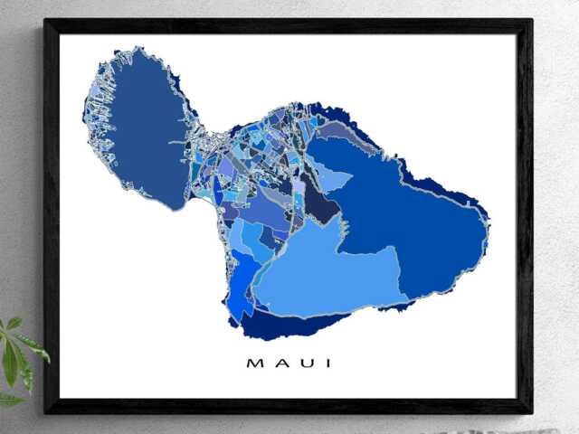 Maui Hawaii Map Print & Blue Geometric Poster For Wall Art Prints ...
