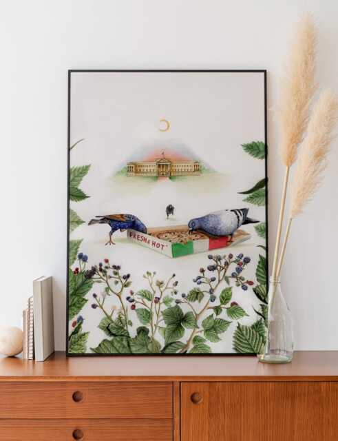 Pigeon & Pizza Art Print Buckingham Palace Whimsical Kitchen Decor Gift ...