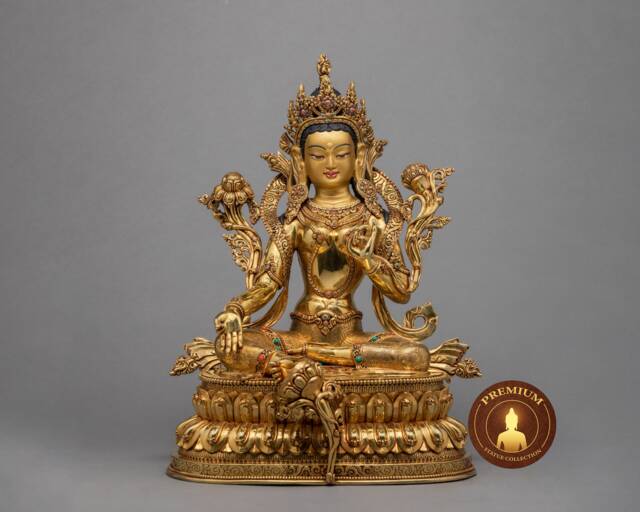 24K Gold Gilded Green Tara - Enlightening Bodhisattva Statue Adorned With Small Gemstones ...