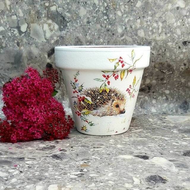 17cm Hedgehog Plant Pot, Terracotta Planter, Decoupaged Hedgehog Plant ...