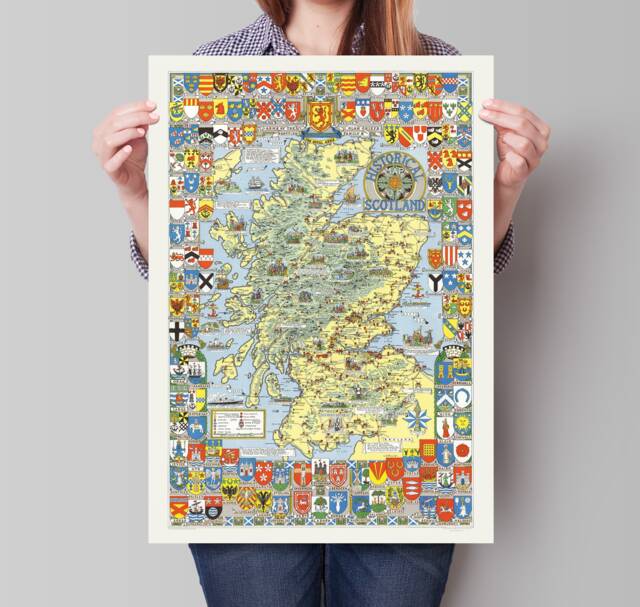 Historical Scotland Map, Pictorial Scottish Large Map, Fine Art Print ...