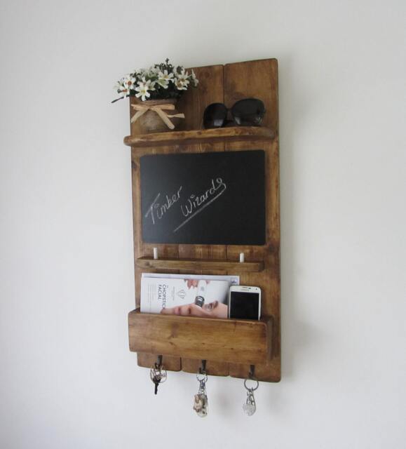 Reclaimed Wood Kitchen Organizer 3 Hook Key Holder With Shelf , Letter Rack & Chalk Board ...