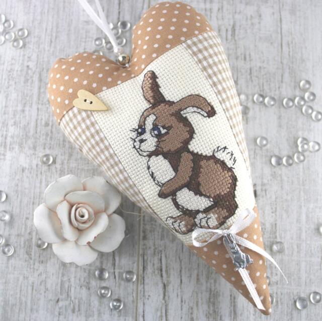 Fabric Heart Embroidered With Rabbit/Decorative Beige Dotted Cross ...