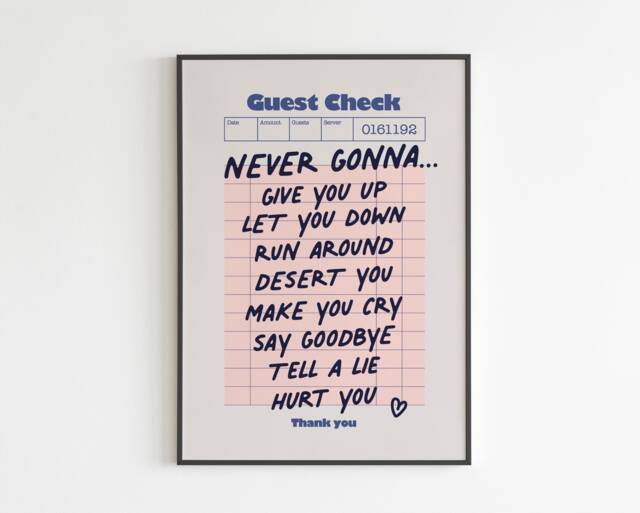 Rick Astley - Never Gonna Give You Up Lyrics Music A3 A4 A5 Wall Art ...
