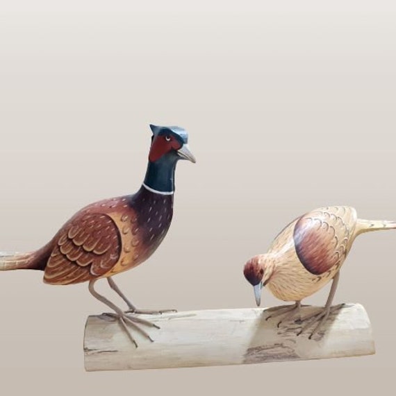 Large Hand Carved Pheasants Sculpture, Statue, Ornament. Painted Wooden ...