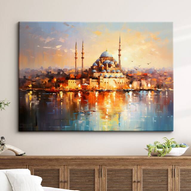 Istanbul River Mosque Turkey City Landmark Oil Painting Style Wall Art ...