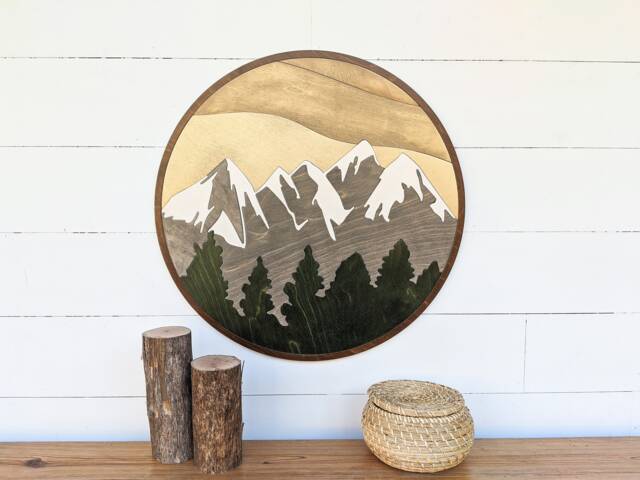 Layered Wood Mountain Wall Art Round Scene, Living Room Scene by Etsy ...