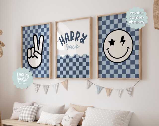Set Of 3, Checkerboard Retro Style Prints, Smile Face Cool Kids Club ...