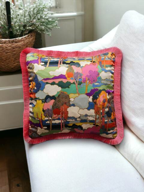 Liberty Fabric Prospect Road Silk Complete Cushion With Hot Pink Fringe ...