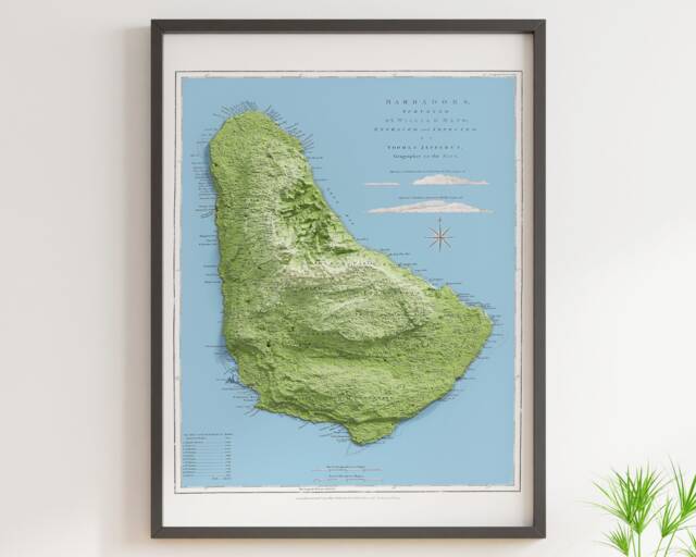 Topographic Map Of Barbados - C.1775 - Vintage Shaded Relief by Etsy ...