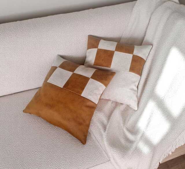 Checkerboard Pillow Cover - Camel Vegan Leather & Linen, Housewarming ...