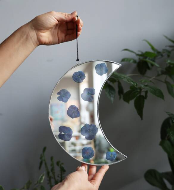 Dried Hydrangea Pressed Flower Mirror, Stained Glass Wall Hanging Art ...