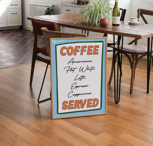 Blue Coffee Served Sign Style Poster, Print, Wall Art, Trendy Prints ...