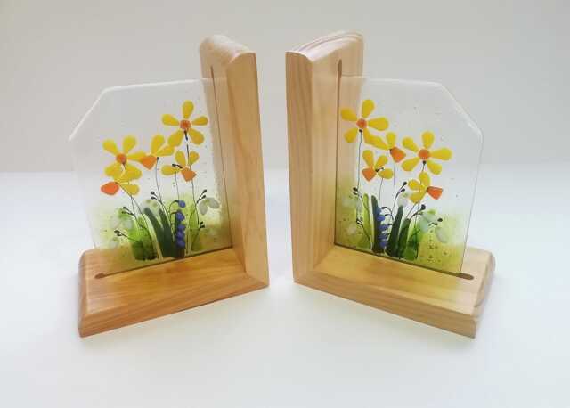 Floral Bookends, Wooden Bookends With Glass Panels, Daffodil & Snowdrop ...