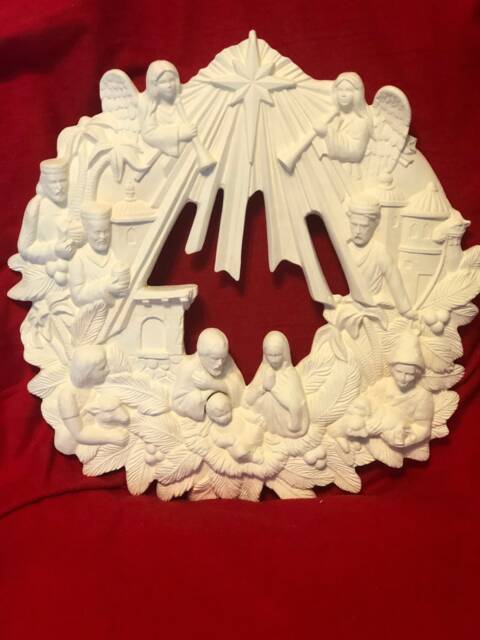 Handmade Ceramic Bisque Nativity Wreath Sculpture - Collectible Wall ...
