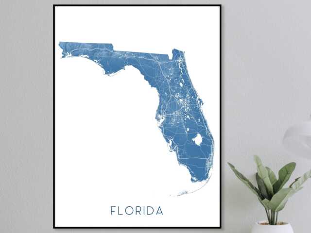 Map Of Florida Print, Prints, State For Wall Art Decor, Blue ...