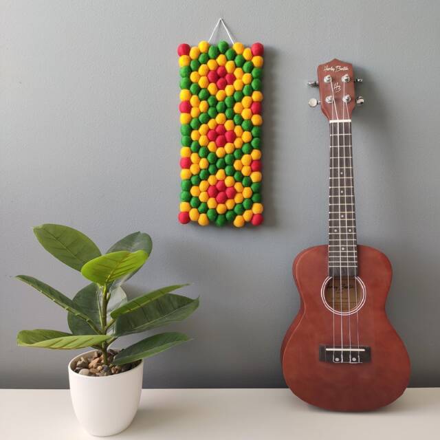 Rectangular Wool Wall Weaving, Green Yellow Red Rasta Felt Balls ...